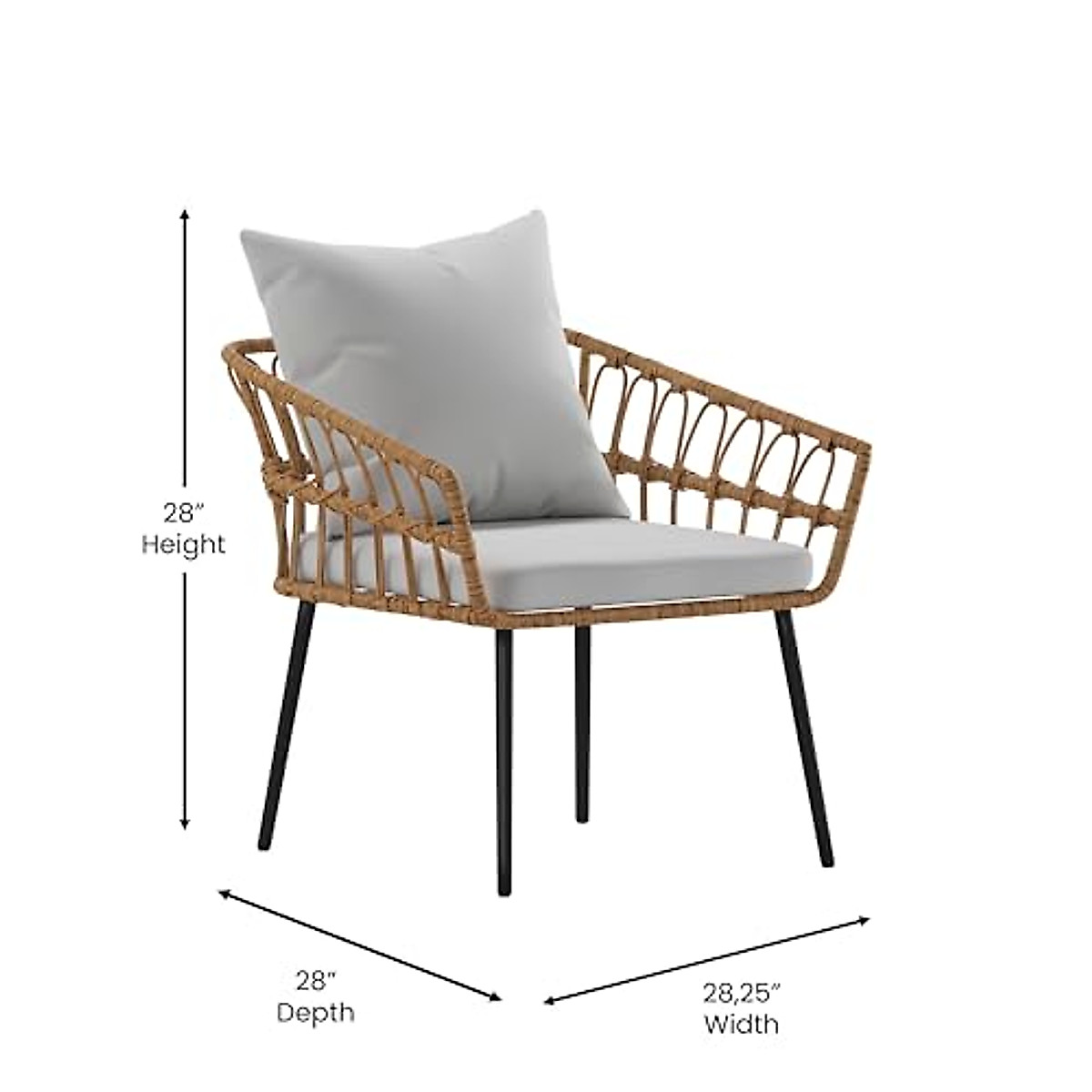 Taylor & Logan Iya 4 Piece Boho Rope Rattan Patio Conversation Set with Tempered Glass Top Coffee Table and Gray Cushions for Indoor/Outdoor Use, Natural