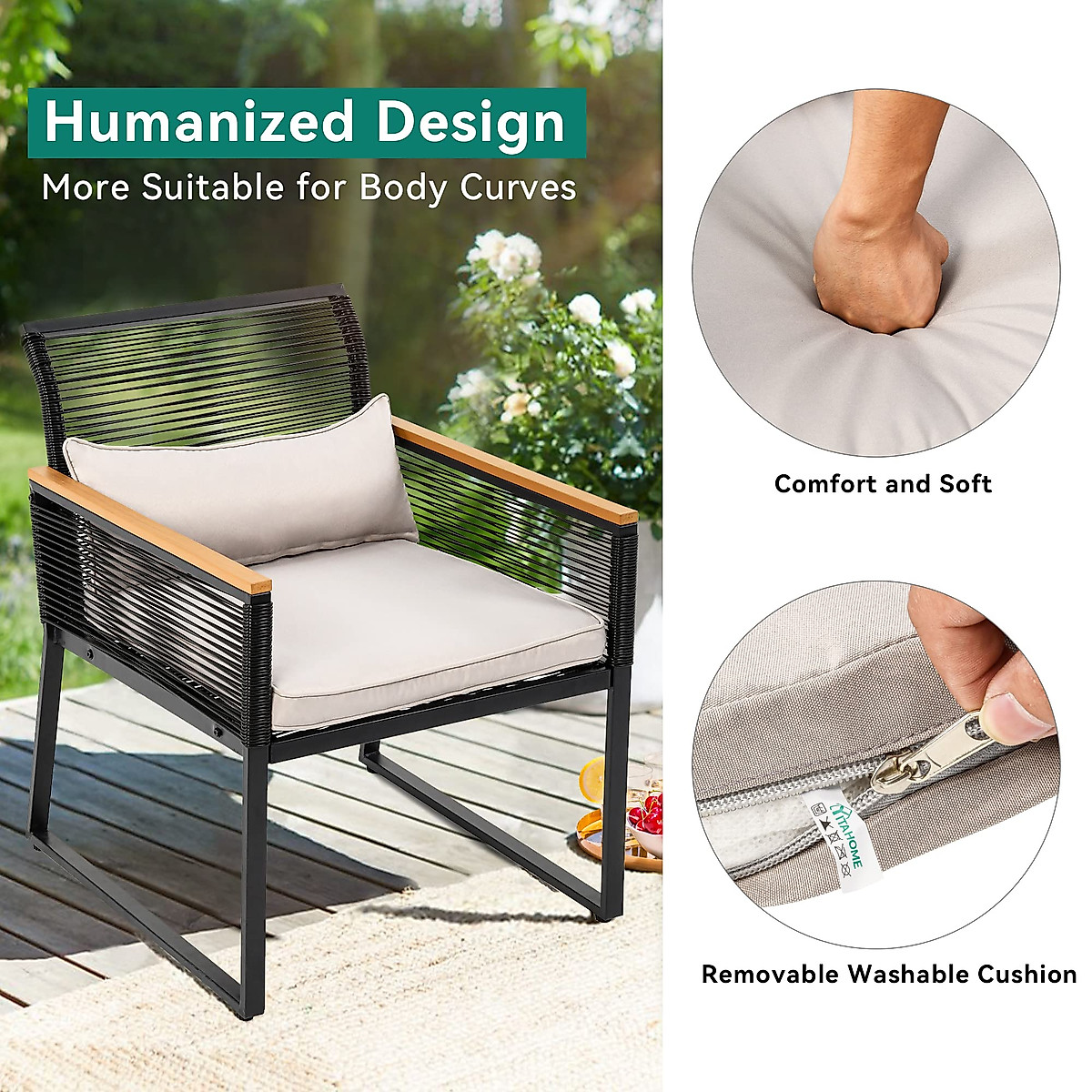 YITAHOME 4-Piece Outdoor Wicker Patio Conversation Furniture Set, All-Weather Wicker Bistro Rattan Loveseat Set with Wooden Armrests, Metal Side Table and Cushions for Backyard, Balcony, Deck, Black