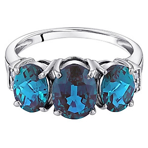 PEORA Created Alexandrite and Genuine Diamond Three Stone Triune Ring for Women 14K White Gold, 2.75 Carats total Oval Shape 7x5mm, Size 6