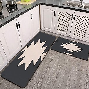 Midetoy Kitchen Rugs and Mats Set Minimal Southwestern Charcoal Anti Fatigue Kitchen Rug Non Slip Floor Rugs Indoor Outdoor 17"X48"+17"X24"