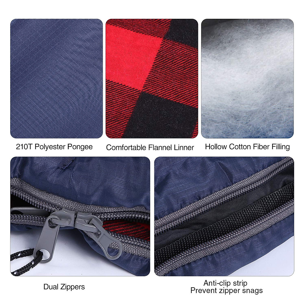 REDCAMP Flannel Sleeping Bag for Adults, Large Cotton Sleeping Bags for Camping with Detachable Hood, Red Plaid with 3lbs Filling (91"x33")