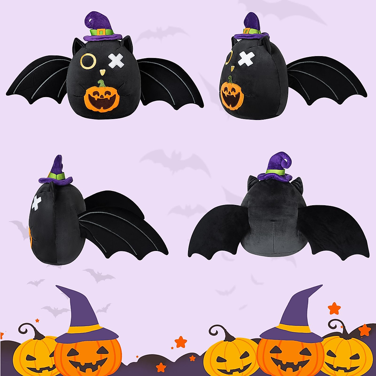 Halloween Stuffed Animal, Black Bat Plush Pillow Toy, 10-inch Super Soft Cute Bat with Big Wings and Pumpkin Stuffed Animals for Kids Adult