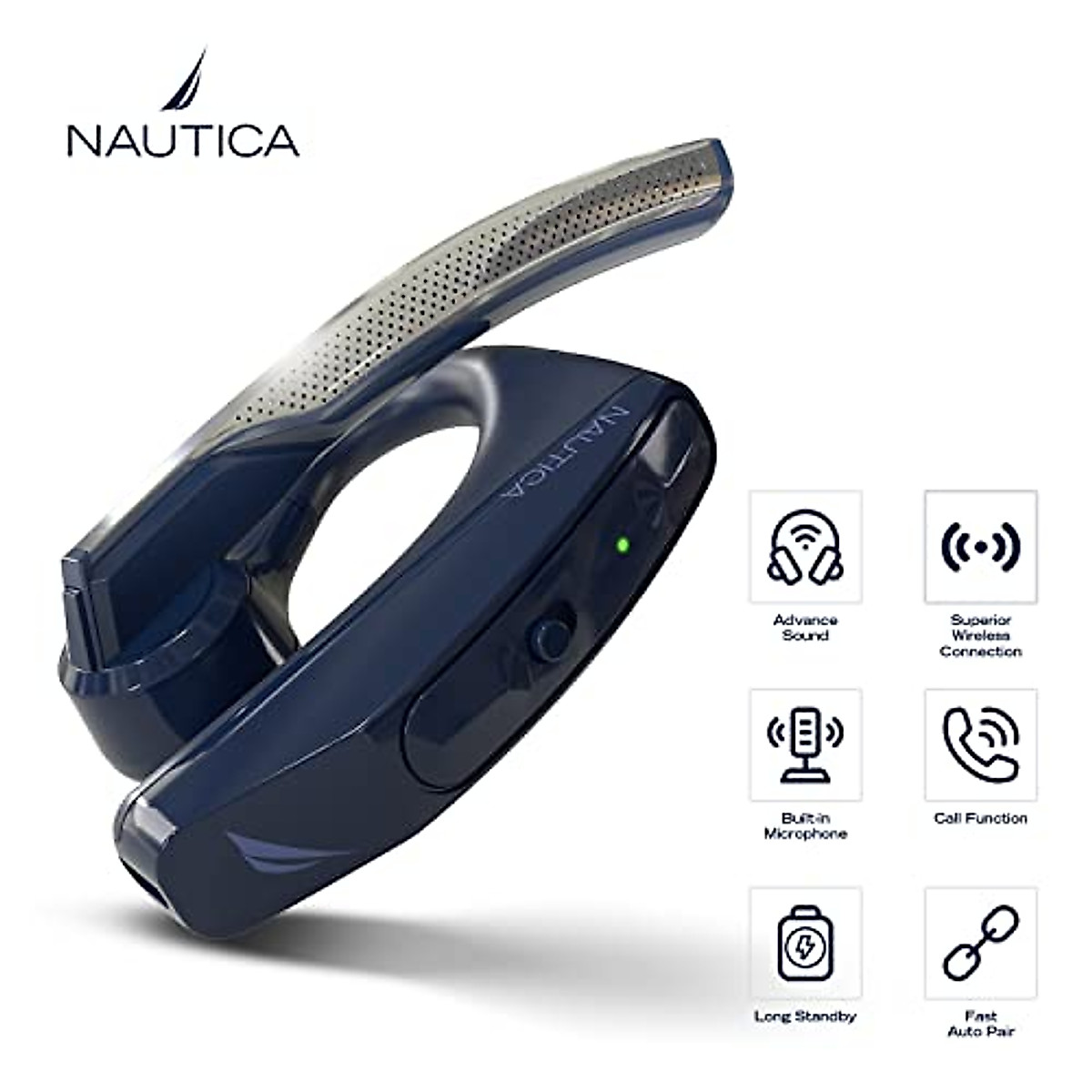 Nautica T80 Single Ear Bluetooth Headset, Office Bluetooth Headset, Wireless Earpiece for Cell Phone, Hands-Free Earphone with Microphone to Call On-The-Go, Compatible with iPhone & Android Phones
