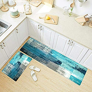 TOMWISH Rugs for Kitchen Floor, Abstract Area Rug Turquoise and Grey Abstract Art Painting 17"X48"+17"X24" Non-Slip Kitchen Rug Set for Kitchen Dining Room,Floor Home,Office,Sink,Laundry