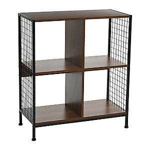 Household Essentials Trellis Open Storage Bookshelf with 4 Cube Compartments Mid Century Walnut Wood Grain and Black Metal