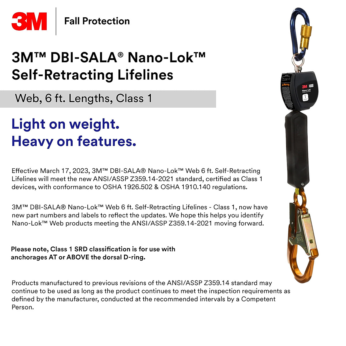 3M™ DBI-SALA® Nano-Lok™ Personal Self Retracting Lifeline, Web Steel Rebar Hook, 3100537, 6 ft., Class 1, ANSI