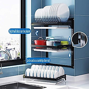 FEHUN Sinks,201 Stainless Steel Kitchen Wall-Mounted 3-Layer Dish Rack Drain Rack with 4 Hooks