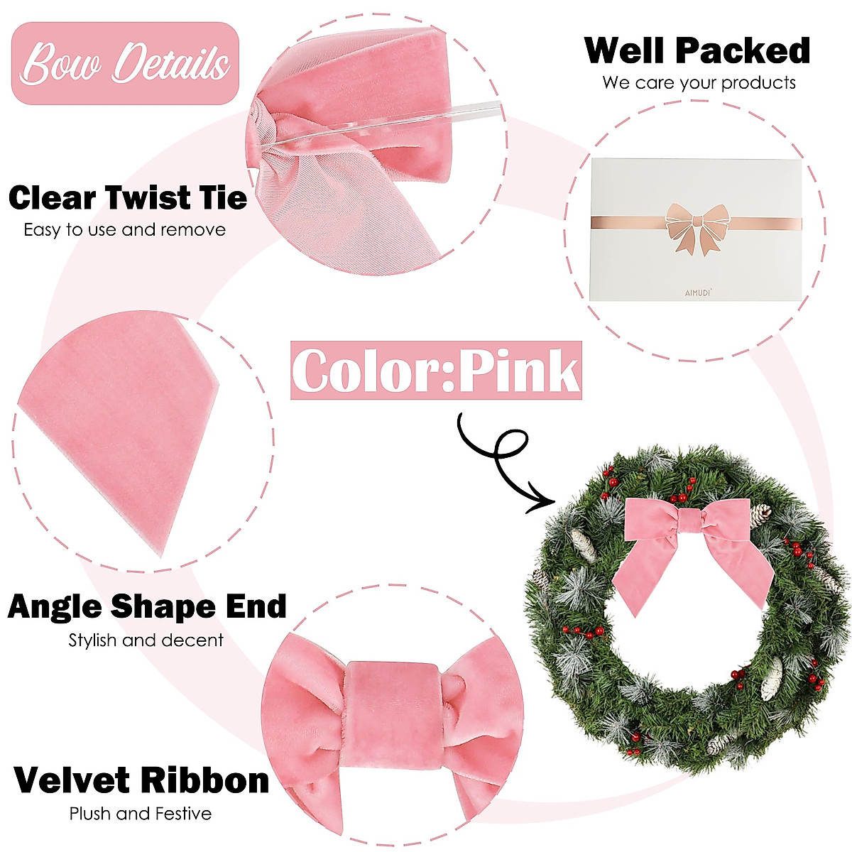 AIMUDI Pink Velvet Bows 4.5" Pink Velvet Easter Bows Premade Bows Light Pink Twist Tie Bows for Wreaths, Gift Basket, Spring Decor, Gift Wrapping, Swag, Wedding, Baby Shower Decoration - 12 PCs