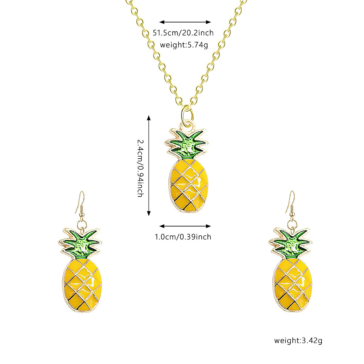 Tropical 2pcs Yellow Ruit Green Leaf Pineapple Earings Pendant Necklace Suit for Women Fashion Dangle Earings Jewellery (Pineapple Earring Necklace Set 1)