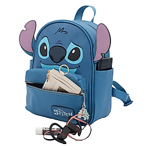 Disney Stitch Big Face Mini PU Backpack Purse, Shoulder Bag with Epoxy Filled Metal Scrump Charm, 10.5 Inch, Adjustable Straps, Faux Leather
