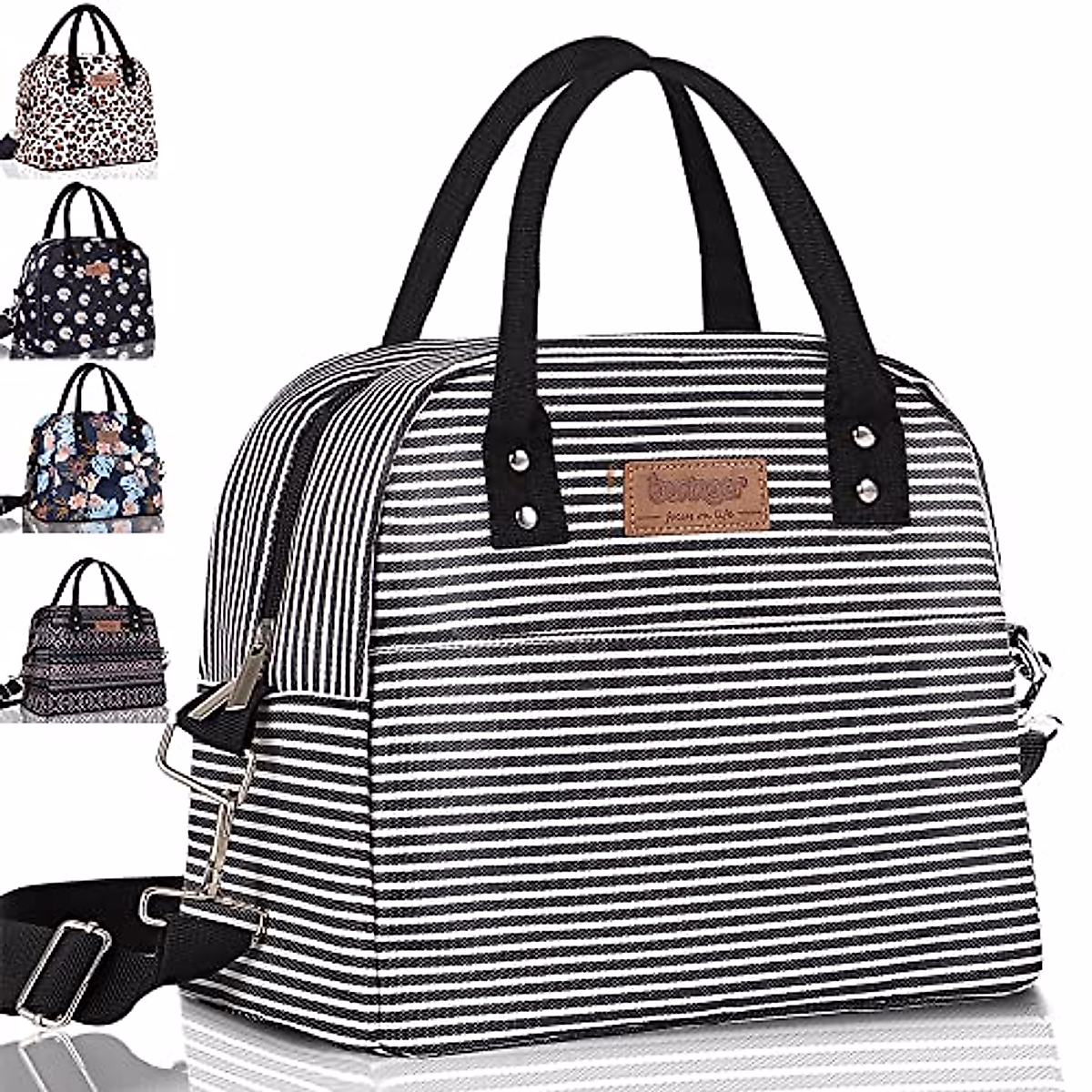 HOMESPON Reusable Insulated Lunch Bag Cooler Tote Box with Front Pocket Zipper Closure for Woman Man Work Picnic or Travel(Black and White Stripe with Shoulder)