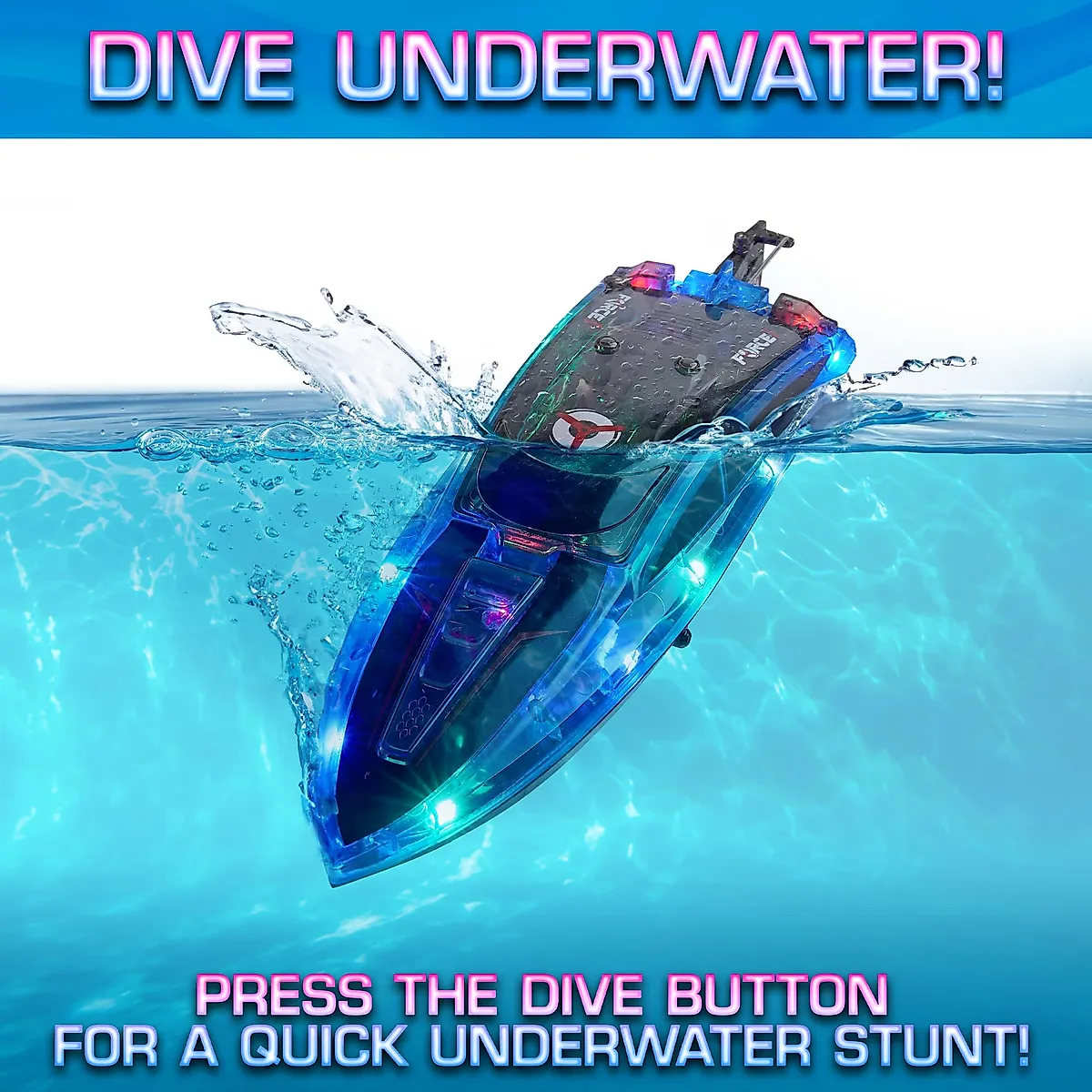 Force1 Velocity Pro LED RC Boat- Remote Control Boats for Adults and Kids, Underwater Speed Racing Mini RC Toy for Pools and Lakes, LEDs, 2.4GHZ Transmitter, Rechargeable Batteries, Low Battery Alert