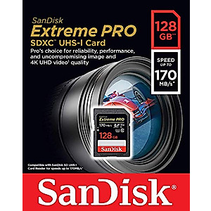 SanDisk Extreme Pro 128GB SDXC Card for Canon Camera Compatible with EOS M50 Mark II, EOS Ra Class 10 UHS-1 (SDSDXXY-128G-GN4IN) Bundle with (1) Everything But Stromboli 3.0 SD Memory Card Reader