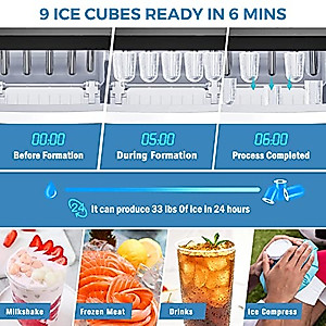 Ice Maker Machine for Countertop, Freezimer 33 lbs/24Hrs, 9 Cubes Ready in 6 Mins Self-Cleaning Electric Ice Machine with Ice Scoop and Basket for Home Kitchen Bar Party - Black