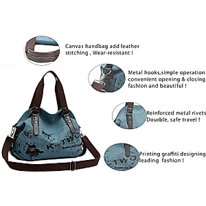 Chikencall Women Ladies Bags Casual Vintage Hobo Canvas Mulit-Pocket Daily Purse Messenger Top Handle Shoulder Large Tote Shopper Handbag Shopping Graffiti European Style Bags-Blue