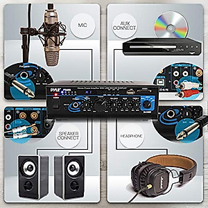 Pyle Home Audio Power Amplifier System - 2X120W Dual Channel Mixer Sound Stereo Receiver Box w/RCA, USB, AUX, Headphone, Mic Input, LED - for PA, Theater, Home Entertainment, Studio Use - Pyle PTAU55