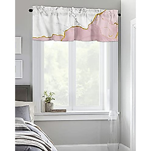 ZFUNCING Kitchen Cafe Valance Curtain for Small Windows,Natural White and Pink Wild Marble Rod Pocket Short Blackout Curtains,Gold Line Stone Texture Window Treatment for Living Room Bedroom Bathroom