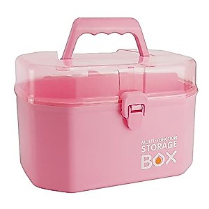 HengLiSam Plastic Box Organizer with Removable Tray, Multipurpose Organizer for Girls, Portable Handled Storage Case for Art Craft and Cosmetic(Pink)