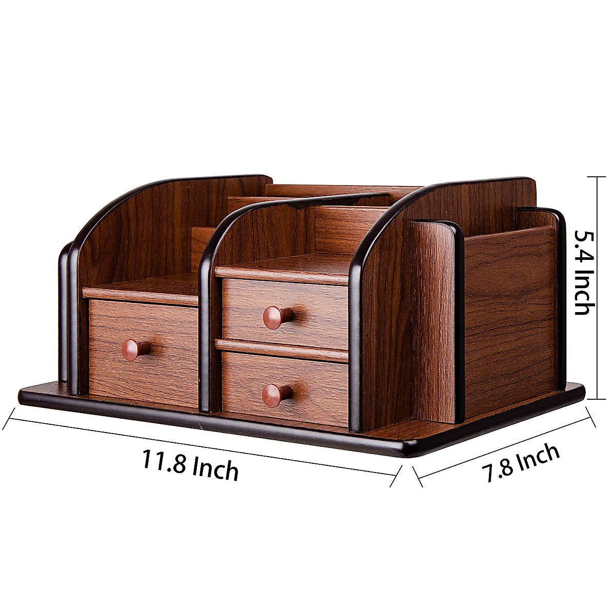 Brown Wooden Office Supplies Caddy Tabletop Storage Desk Organizer with Compartments 3 Drawers Slots 2 Shelves Racks Holder Pen, Pencil & Marker Cases Multifunction Desktop Stationery Accessory Sorter