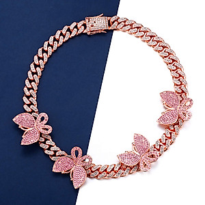 DXZNBEST 18 Inch 13mm Butterfly Cuban Necklace Collars Miami Butterfly Cuban Link Choker Iced Out Bling Butterfly Chain for Women Hip Hop Rapper Mother's Day Christmas