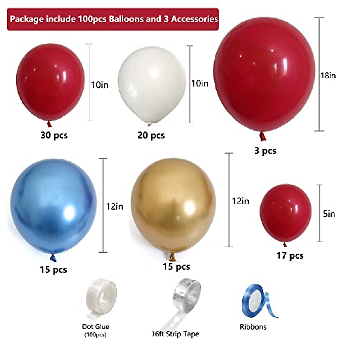 SANERYI 100pcs Red White and Metallic Blue Gold Balloons Garland Arch Kit Avengers Captain America Patriotic Balloons Birthday Party for Kids Decoration