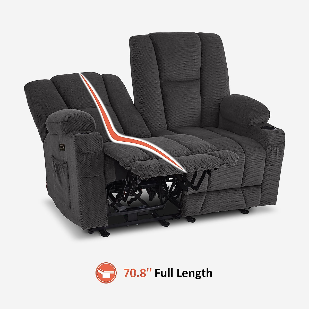 MCombo 61.8" Power Loveseat Recliner with Heat and Vibration, Fabric Electric Reclining Loveseat, USB Charge Port, Cup Holders for Living Room 6025 (Grey)