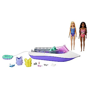 Barbie Mermaid Power Dolls & Toy Boat Playset, "Malibu" & "Brooklyn" in 18-in Floating Boat with See-Through Bottom & Accessories