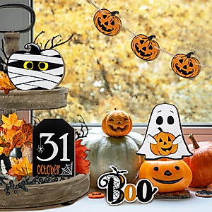Guoofu Halloween Tiered Tray Decor, Farmhouse Tray Decorations, Funny Boo Ghost Mummy Pumpkin Wooden Signs, Halloween Scary Home Decor for Tabletop Shelf Mantel Party