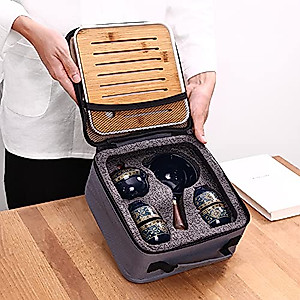 LURRIER Porcelain Chinese Gongfu Tea Set,Portable Teapot Set with 360 Rotation Tea maker and Infuser,Portable All in One Gift Bag for Travel,Home,Gifting,Outdoor and Office (Floral Blue)