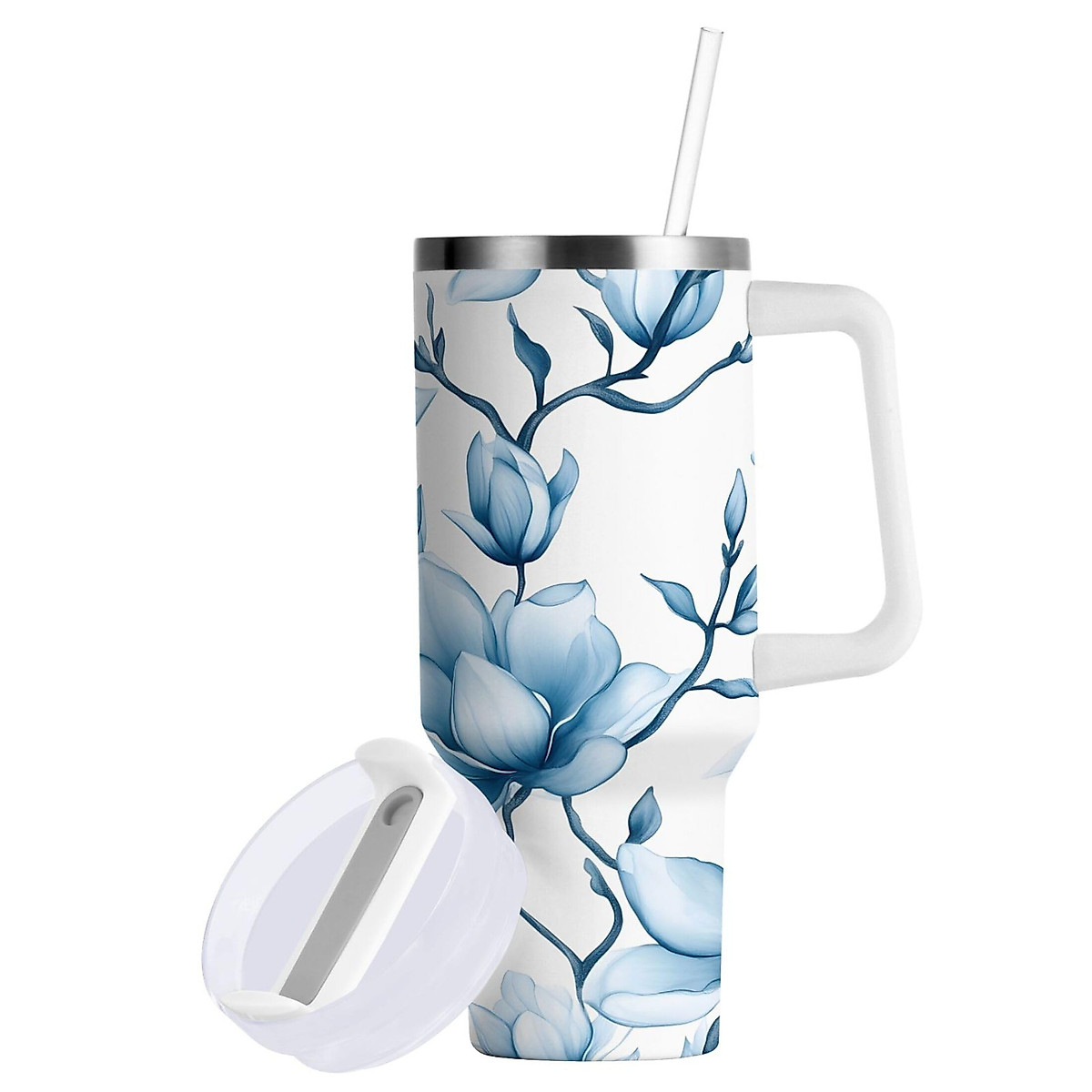 xigua 40 oz Blue Magnolia Flowers Tumbler with Handle and Straw Lid, Stainless Steel Vacuum Insulated Sports Water Bottle, Keeps Cold or Hot Coffee Cup Travel Mug