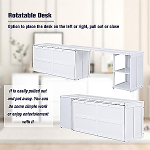 VKKILPEE Queen Size Murphy Bed with Rotatable Desk, 3 in 1 Floor Bed Frame with Cabinet & Workstation, for Small Room Living Room Bedroom, Solid Wood Construction, No Box Spring Required, White