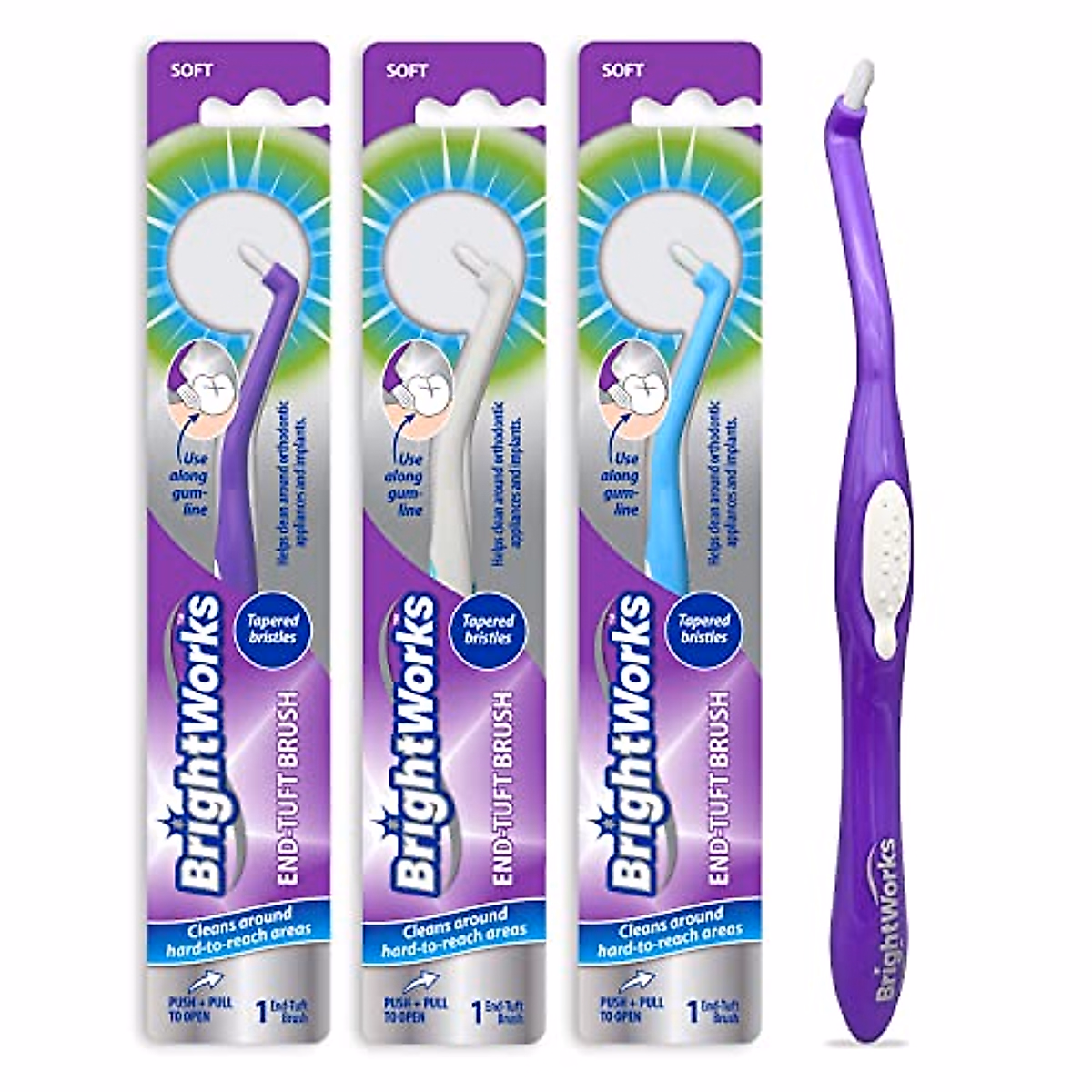 BrightWorks End Tuft Brush, Cleans Difficult Areas Such as Around Crowns, Bridges, implants and Wider Gaps Between Teeth (Pack of 3)