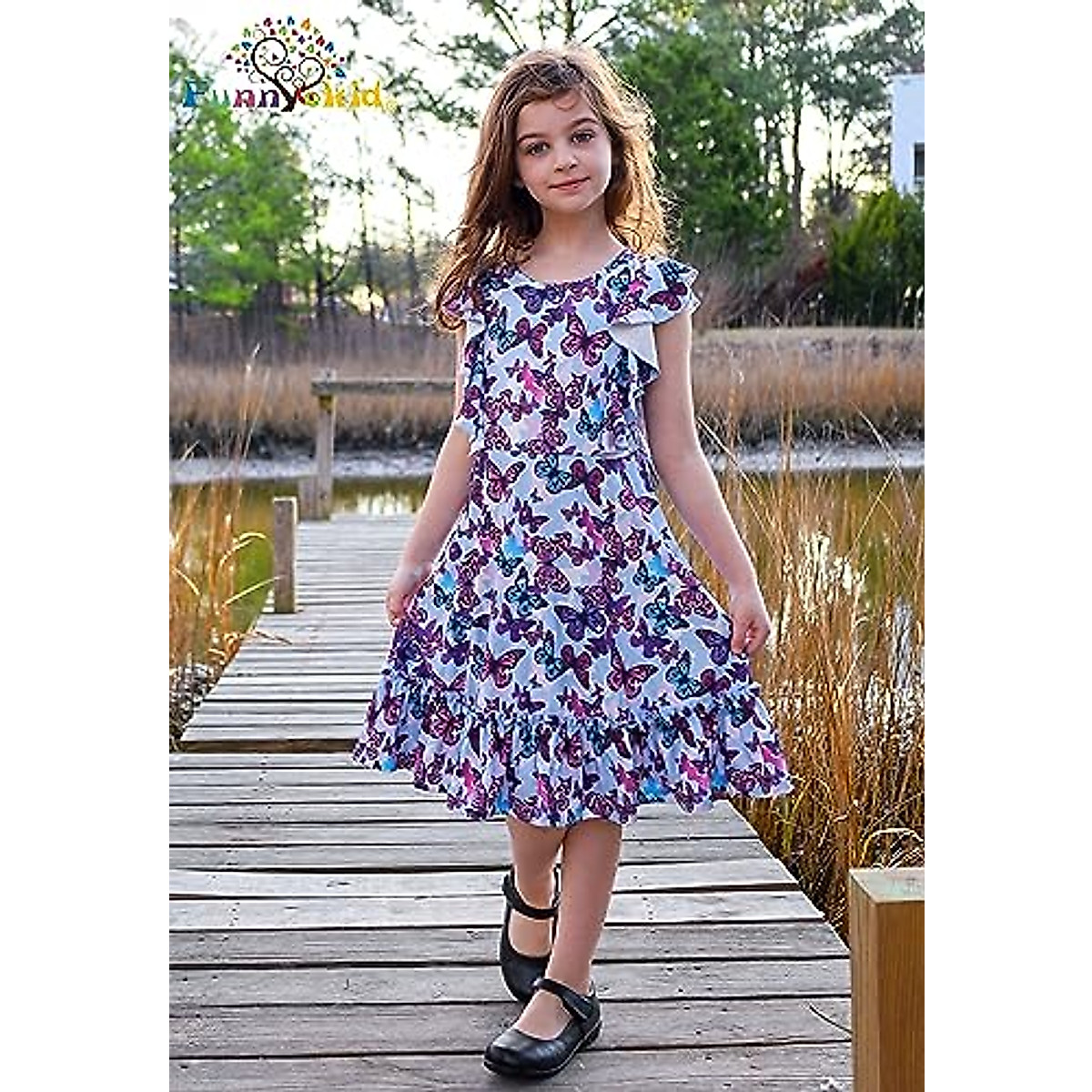 Funnycokid Girls Dresses Butterfly Outfits for Kid Size 8 9 Ruffle Sleeve Clothes Flutter Hem Sundress with Belt 8-9 Years