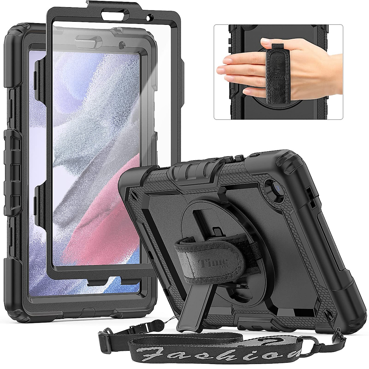 Timecity Case for Samsung Galaxy Tab A7 Lite 2021 8.7'' SM-T220/T225/T227 with Screen Protector, Heavy Duty Rugged Full-Body Protective Case with 360 Rotating Stand, Hand/Shoulder Strap Case, Black