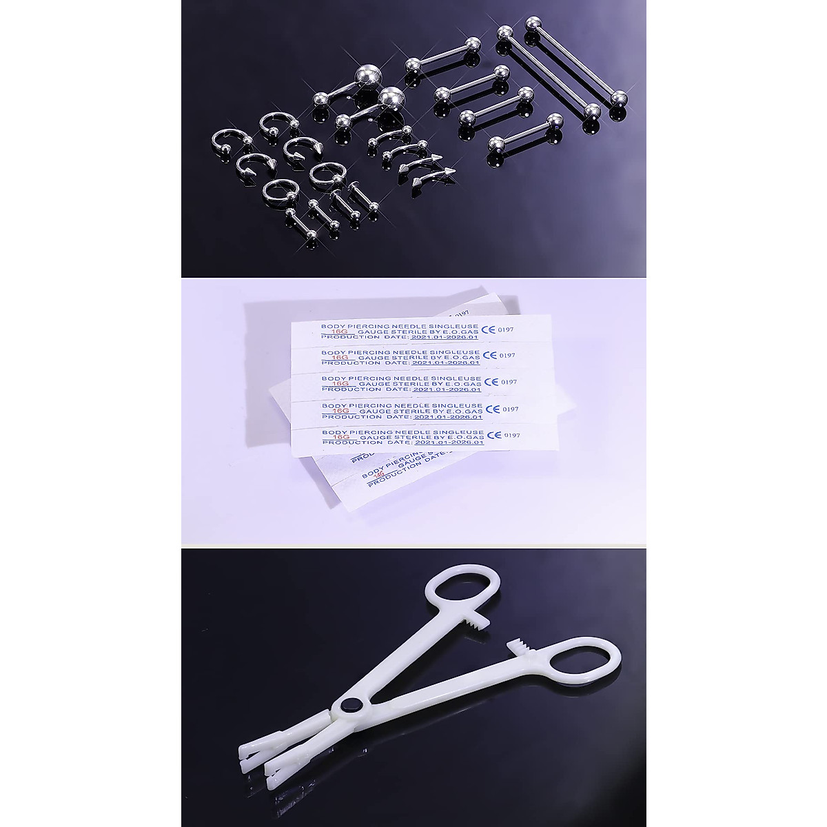 Heienngy Piercing Kit Stainless Steel Eyebrow Rings,Horseshoe Ring,Industrial Piercing Jewelry,Belly Button Ring,Lip Rings,Earrings,Nipple Rings,Tongue Rings For Women men 14G 16G Piercing Needles