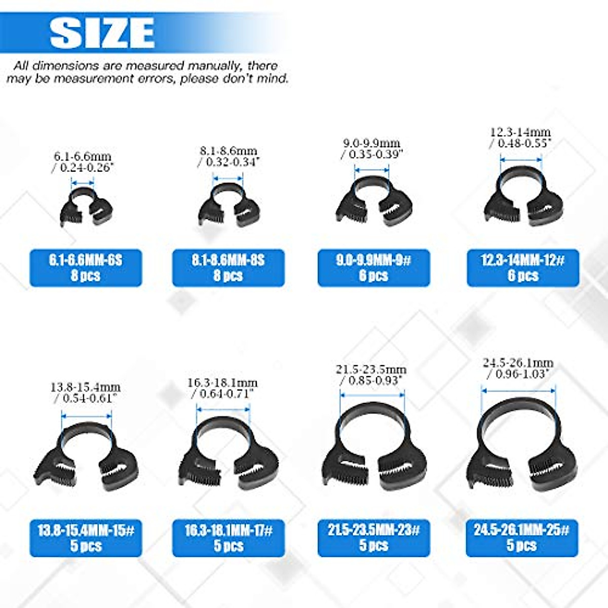 Glarks 48Pcs 8 Size Heavy Duty Black Double Gripping Nylon Hose Clamps Set, 6.6-27.2mm Plastic Snap Ratcheting Clamps Assortment Kit (Black 48Pcs)