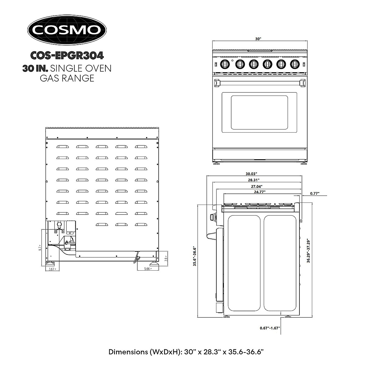 COSMO COS-EPGR304 Slide-in Freestanding Gas Range with 5 Sealed Burners, Cast Iron Grates, 4.5 cu. ft. Capacity Convection Oven, 30 inch, Stainless Steel