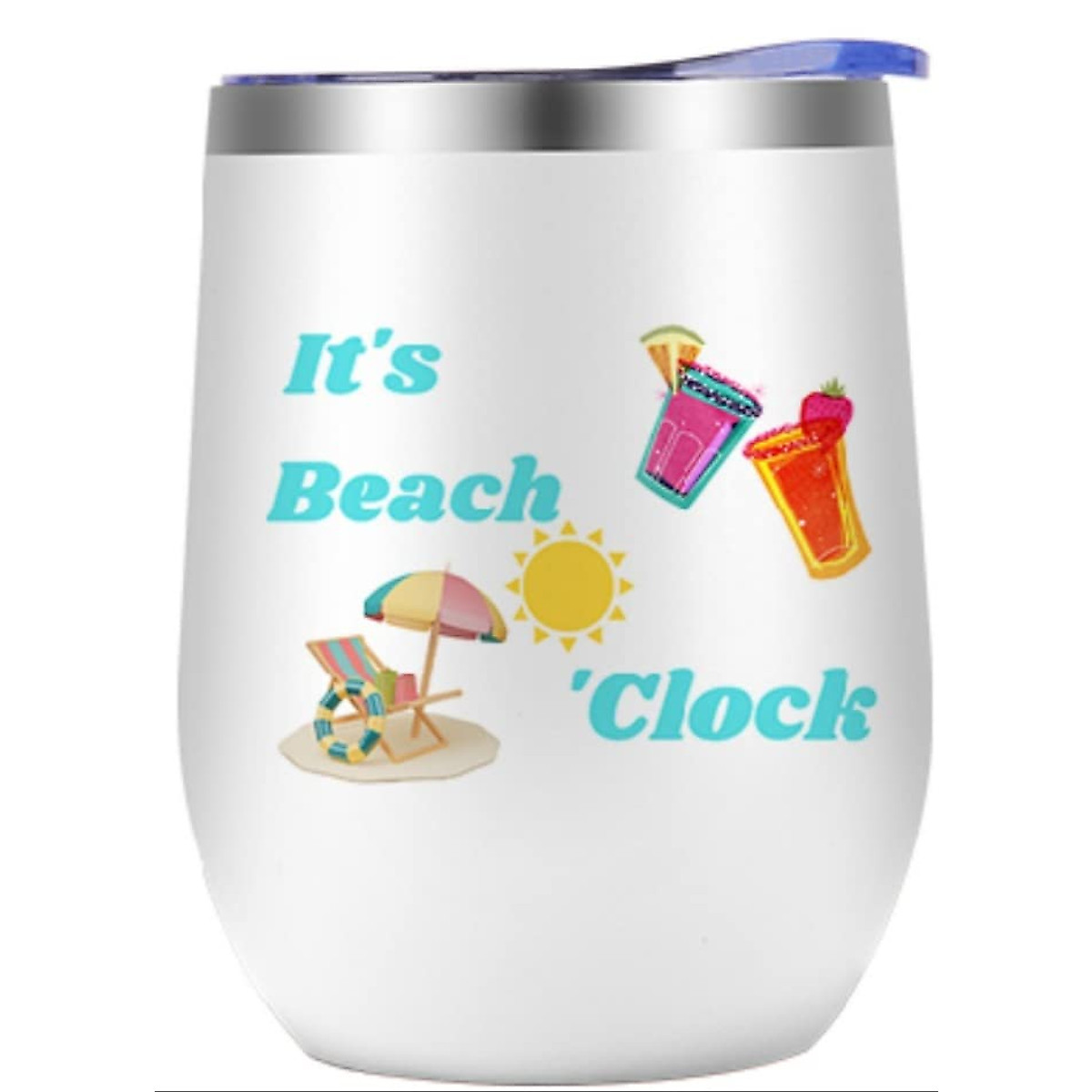 Lovely shape, White, It's Beach O 'Clock 3D UV Color Printing, Beach Accesories, Wine Tumbler Double Wall Stainless Steel Insulated 12oz, Durable Coffee Mug, Cocktail, Beer, Office (white)