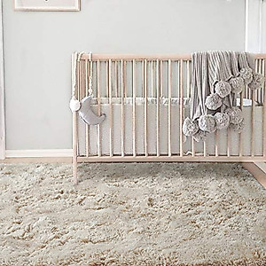 Toneed Fluffy Bedroom Rug, 4 x 6 Feet Shaggy Area Rug Modern Furry Rug Plush Fuzzy Carpet for Living Room Drom Kids Room Nursery Kindergarten Home Decorative, Beige