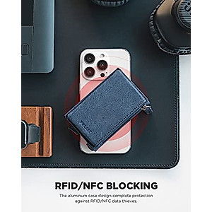 VULKIT Credit Card Holder with Leather Zipper Pocket Pop up wallet RFID Blocking Slim Metal Card Case for Men or Women(Navy)