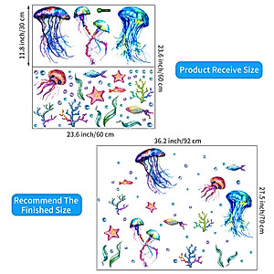 Ocean Jellyfish Wall Decal, Under The Sea Fish Jellyfish Wall Stickers, Vivid Seaweed Starfish Bubble Vinyl Decor, Removable DIY Art Wall Decors Mural for Kids Bedroom, Baby Nursery, Bathroom