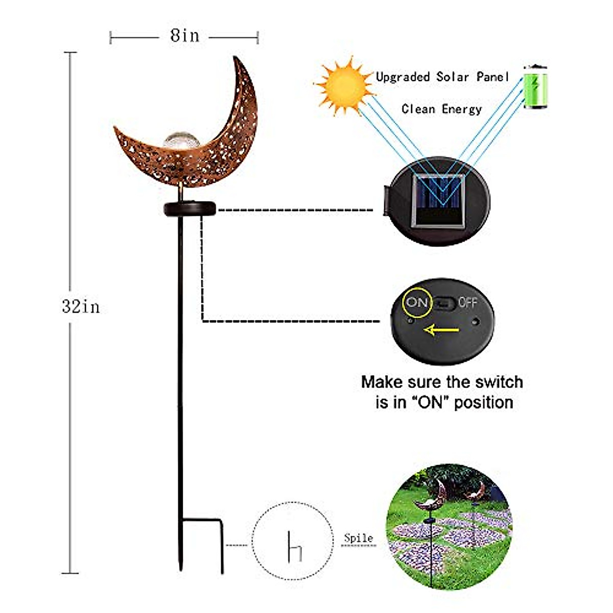 EOYIZW Garden Decor, 32" (2 Pack) Garden Solar Lights Outdoor Decor, Crystal Glass Globe Metal Moon Stake Light, Yard Art Decorations Ornaments Light Warm White LED for Lawn, Patio, Pathway