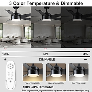 POCHFAN 52 inch Black Ceiling Fans with Lights and Remote Control, Quiet Modern Ceiling Fan for Bedroom, Living Room, Dining Room, Dimmable 3-Color Temperatures 6-Speed