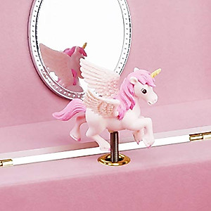 Musical Jewelry Box for Little Girls with 3 Drawers and Jewelry Set with Spinning Unicorn and Rainbow Butterfly Design - Over the Waves Tune Pink