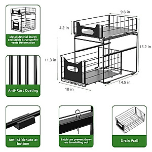PIGTAB Metal Under Sink Organizer, 2 Sets of 2-Tier Multi-Purpose Bathroom Organizers and Storage, Pull Out Kitchen Organizers and Storage, Cabinet Organizer for Kitchen, Bathroom, Black