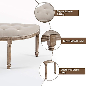 VONLUCE Vintage French Bench, Beige, 49" Upholstered Entryway Bench & Dining Bench, Rubberwood Legs, Padded Seat, 330-pound Weight Capacity