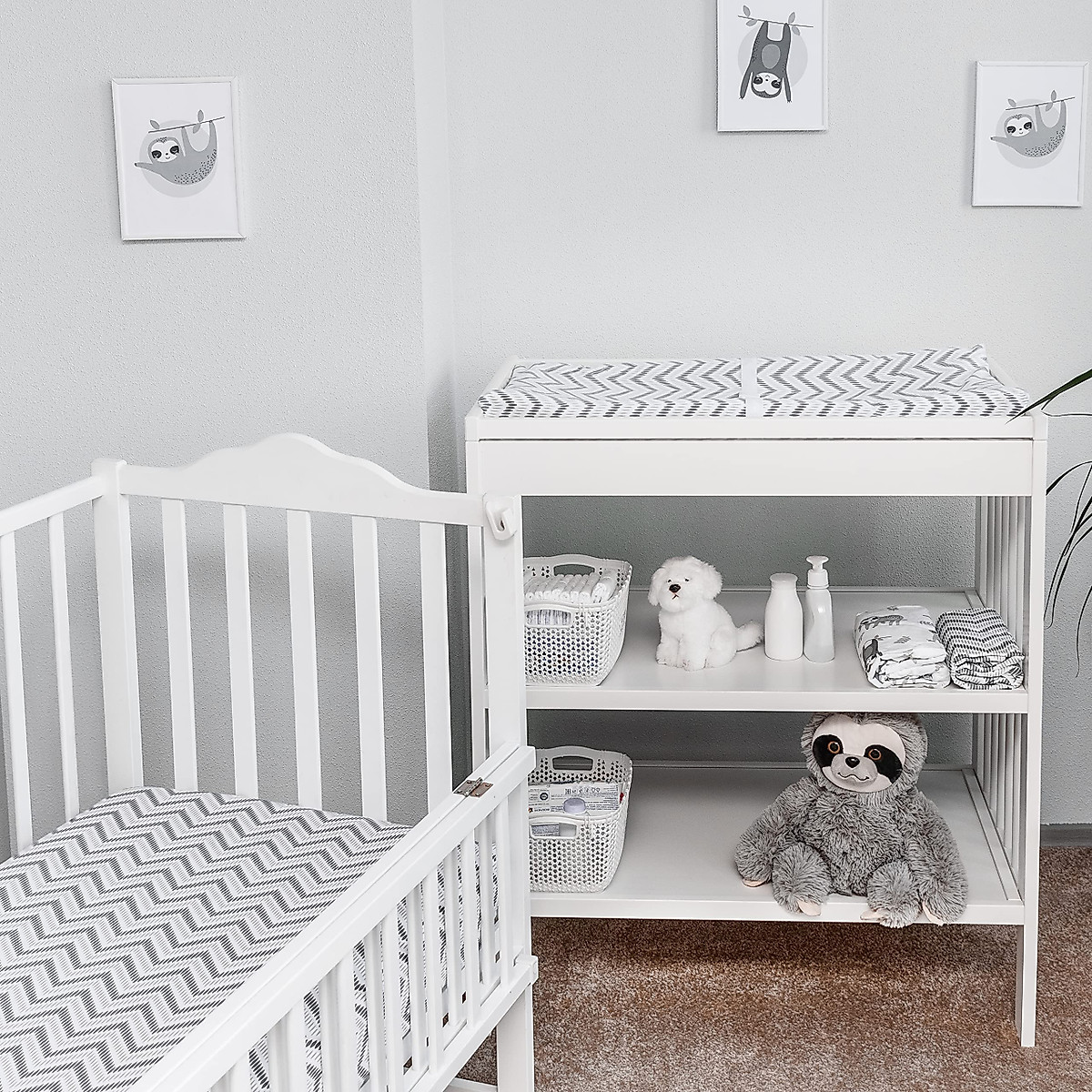 My Little Zone 100% Cotton Changing Pad Cover for Baby Boys and Girls, Chevron - Breathable Bassinet, Mini Crib Mattress Fitted Sheets - Little Sloth, 32"x16" with 8" Deep Pocket, White-Grey, 2 Pack