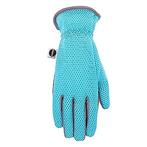Miracle-Gro MG86121/WSM High Dexterity Synthetic Leather Palm Gloves – Small-Medium, Women’s Mesh Back Gardening Gloves Light Blue
