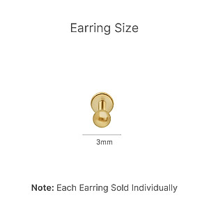 14K Solid Yellow Gold Cartilage Stud Earring 3mm Tragus Helix Ear Piercing Dainty Tiny Ball Earring for Upper Ear Piercing Internally Threaded Flat Back Jewelry Gift For Men Women(Single Piece)