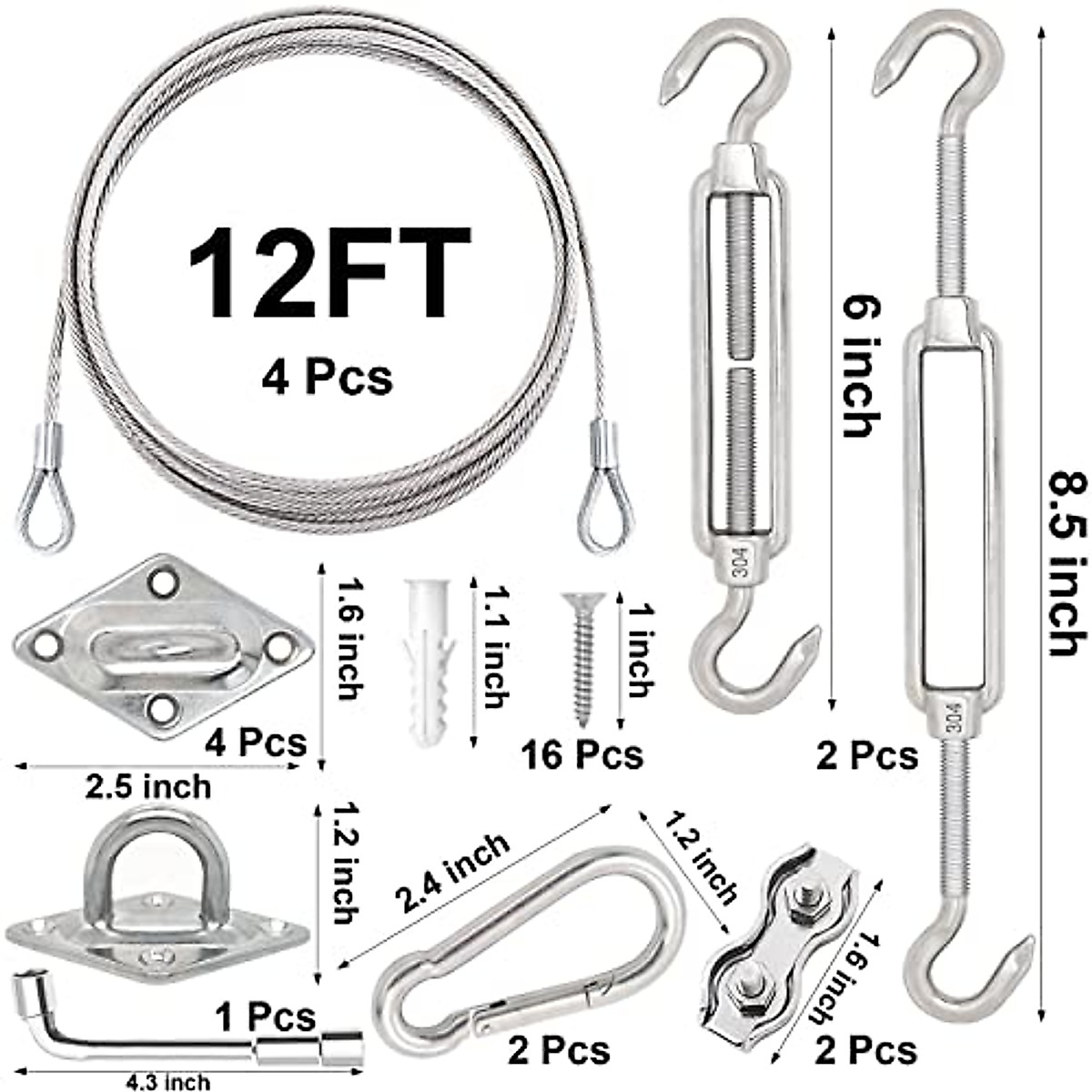 NQN 48 PCS T304 6 Inch Hardware Kit for Square & Rectangle Sun Shade Sail Canopy Awning Installation Installation Complete Set, 48 Ft (12'x4) Extension Cable Wire Rope, 304 Stainless Steel, Anti Rust